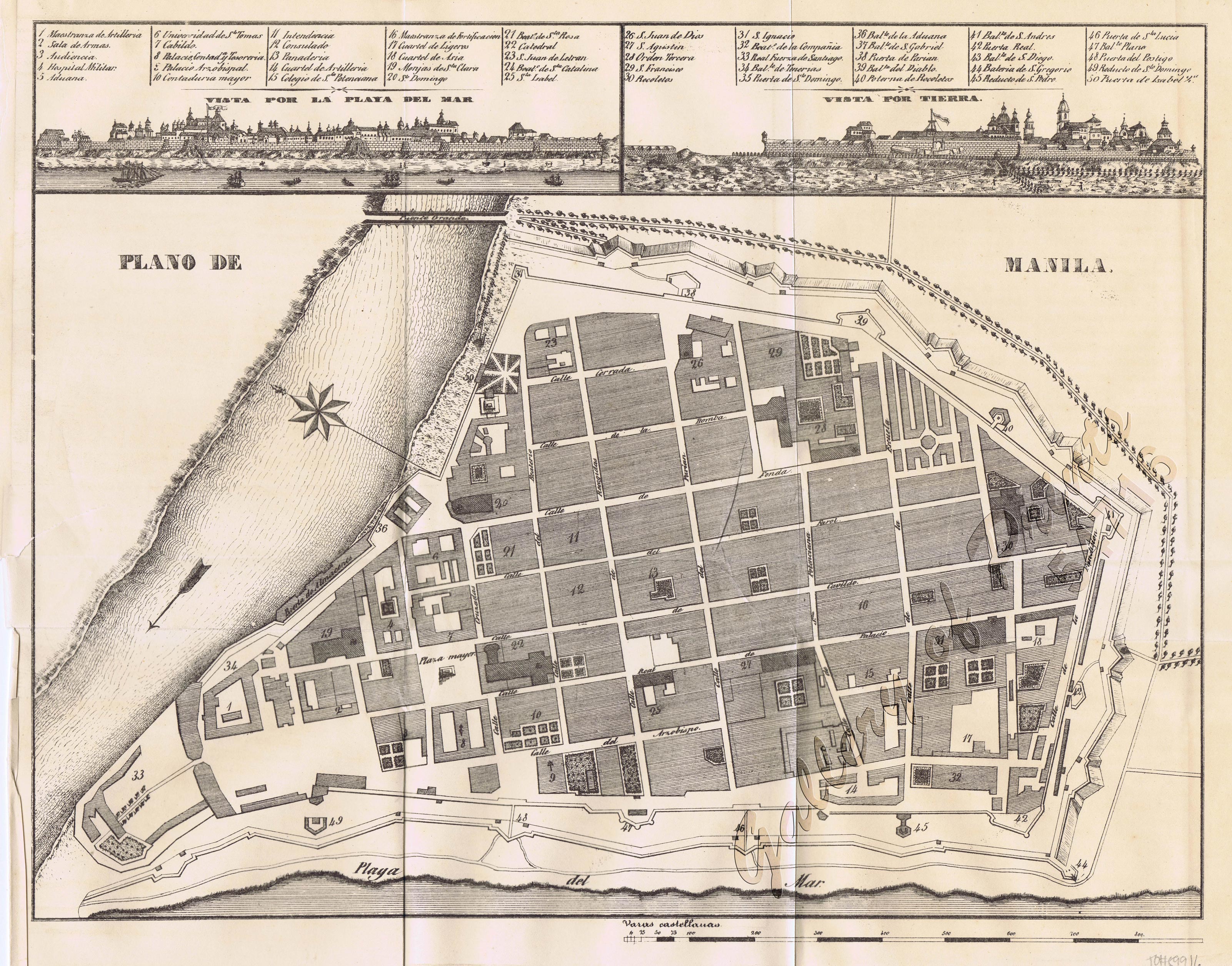 Plano de Manila (inset: 1. Vista por la Playa del Mar; 2. Vista por ...